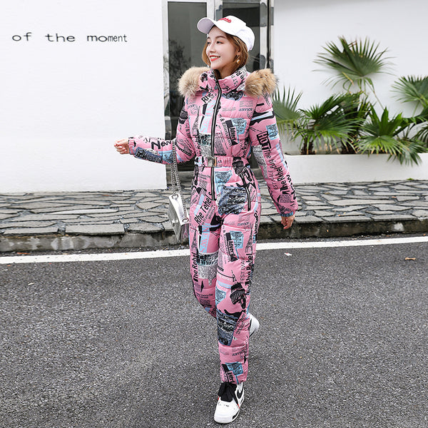 Womens Winter Creek Down Suits One Piece Ski Suit With Fur Faux Hood ...